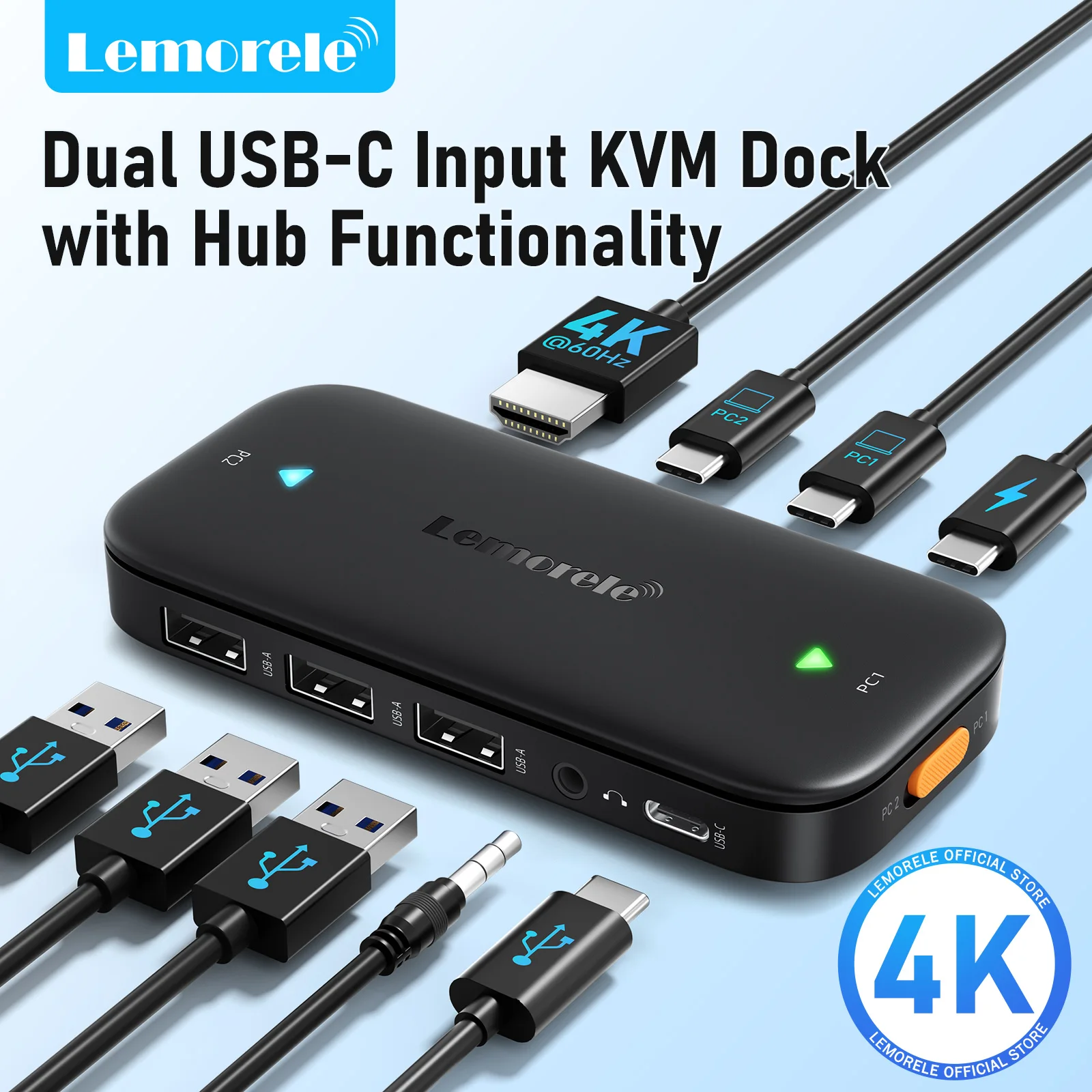 Lemorele H200 USB-C KVM Switch USB HUB 4k@60Hz Dual HDMI to HDMI 100W ...