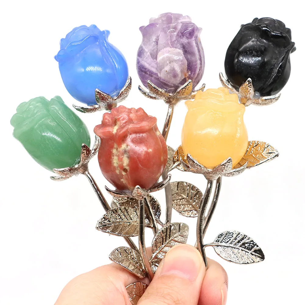 Crystal Carved Rose Flower Natural Stone Amethyst Quartz Gemstone Craft ...
