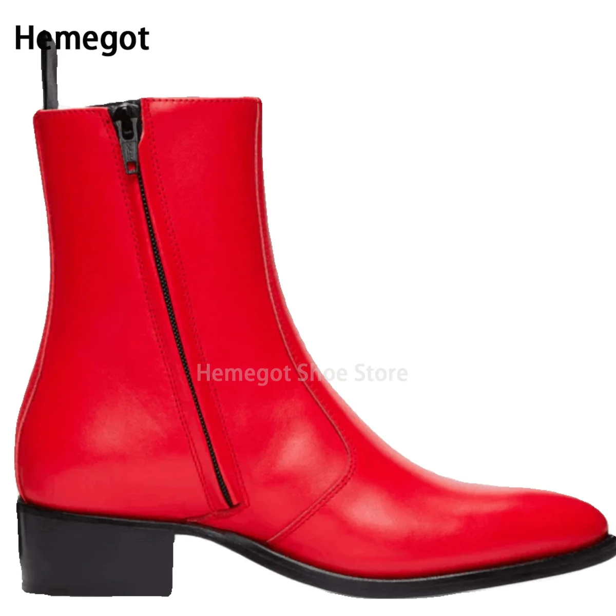 Red Cowhide Chelsea Boots Men's Pointed Side Zipper Boots New ...