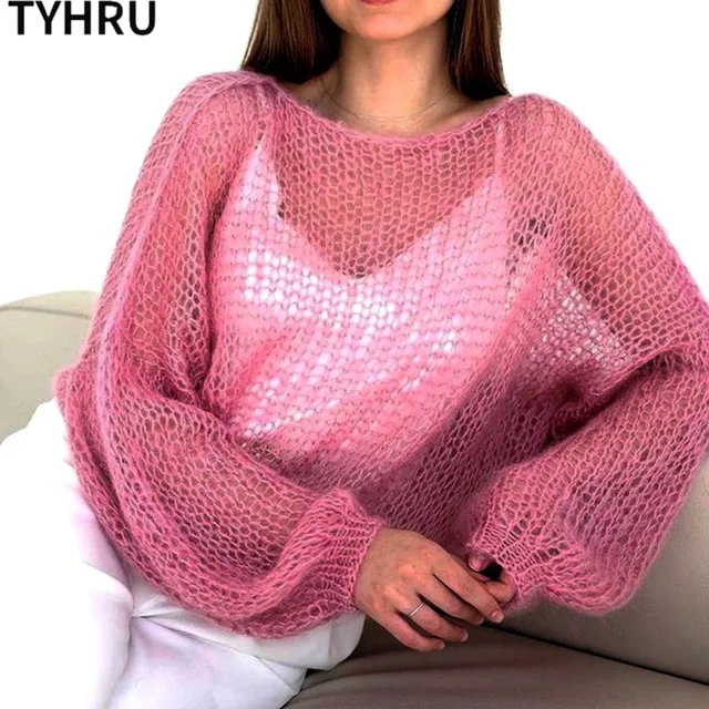 TYHRU Women's Knitted Sweaters Lady Hollow out Mesh Thin Pullover See ...