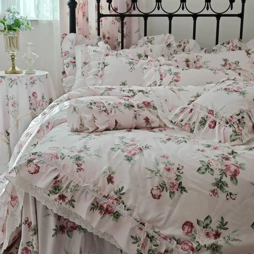 Romantic Quilt Cover French Princess Style Country Rose Floral Lace Bed ...