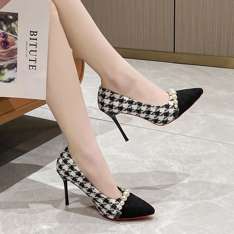 Women's High Heels Designer's New Pearl Decorative Plaid Single Shoes ...