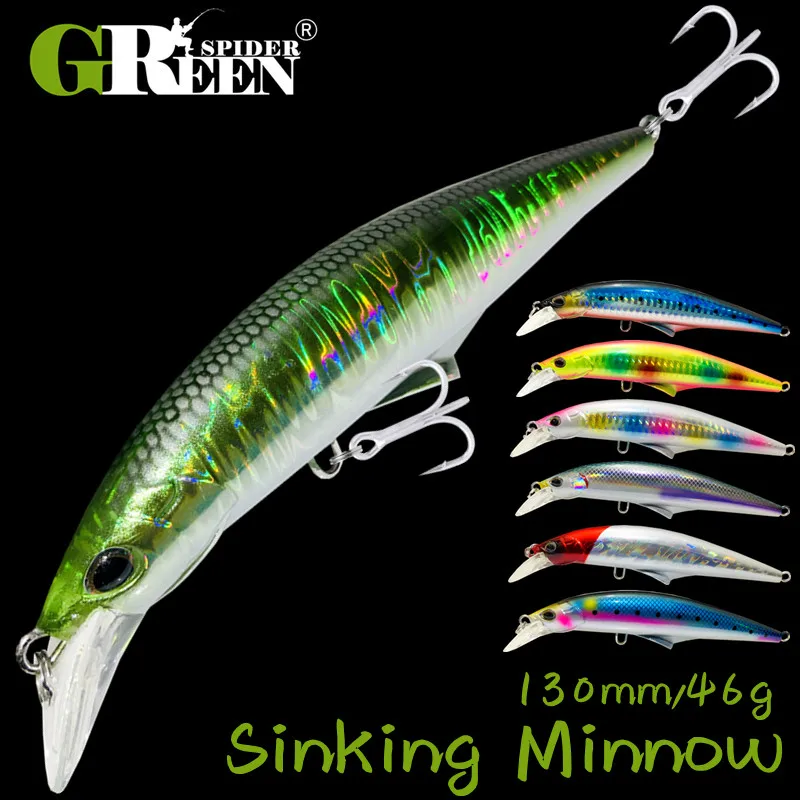 GREENSPIDER Long Casting Sinking Minnow Saltwater Fishing Lures 130mm 46g Trout Pike River Lake ...