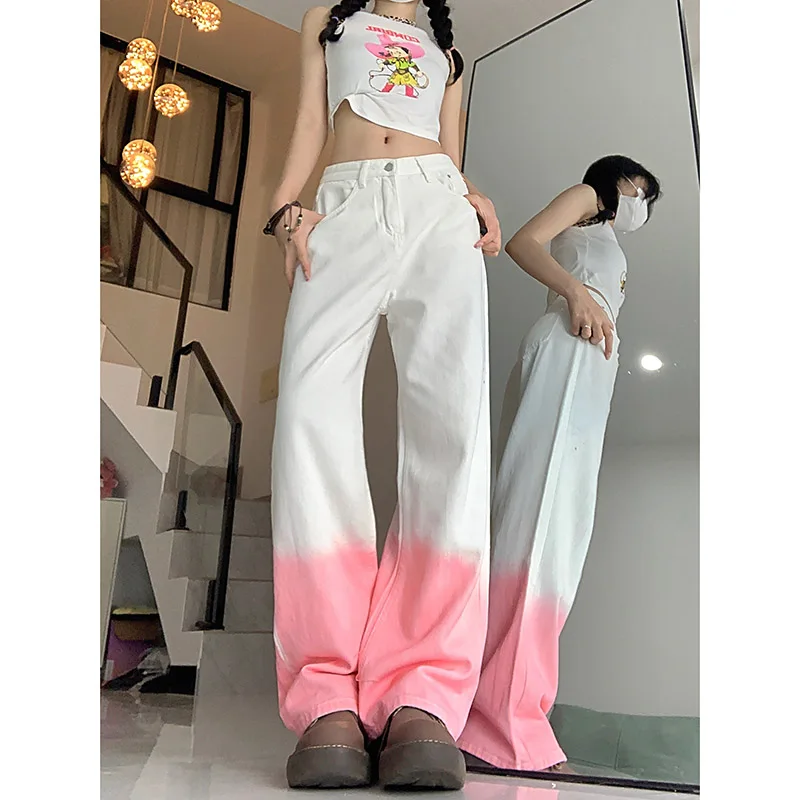 Women-Fashion-High-Waist-Flare-Jeans-Streetwear-Wide-Leg-Pink-And-White ...