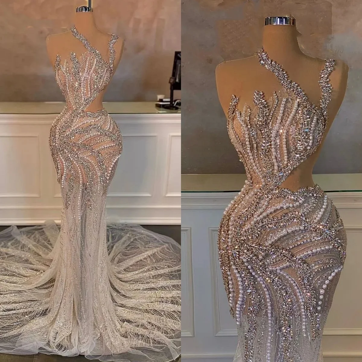Glamorous Wedding Dresses Crystal Pearls Beading Bride Gown See Through ...