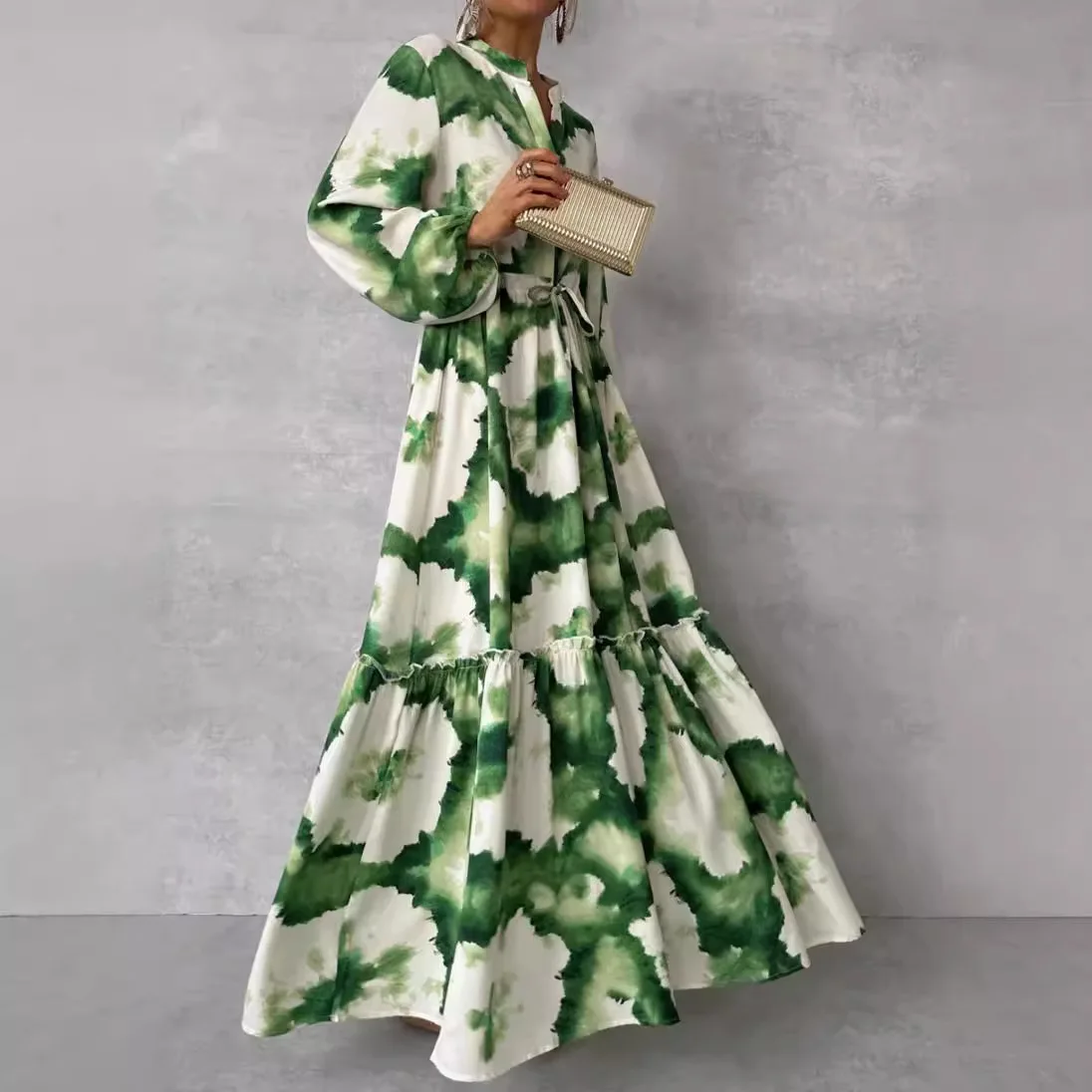Robe-longue-imprim-e-verte-manches-longues-pour-femmes-robes-maxi-l ...