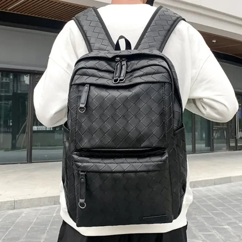 Solid-Black-Men-S-Backpack-Weave-Leather-Travel-Backpacks-Male ...
