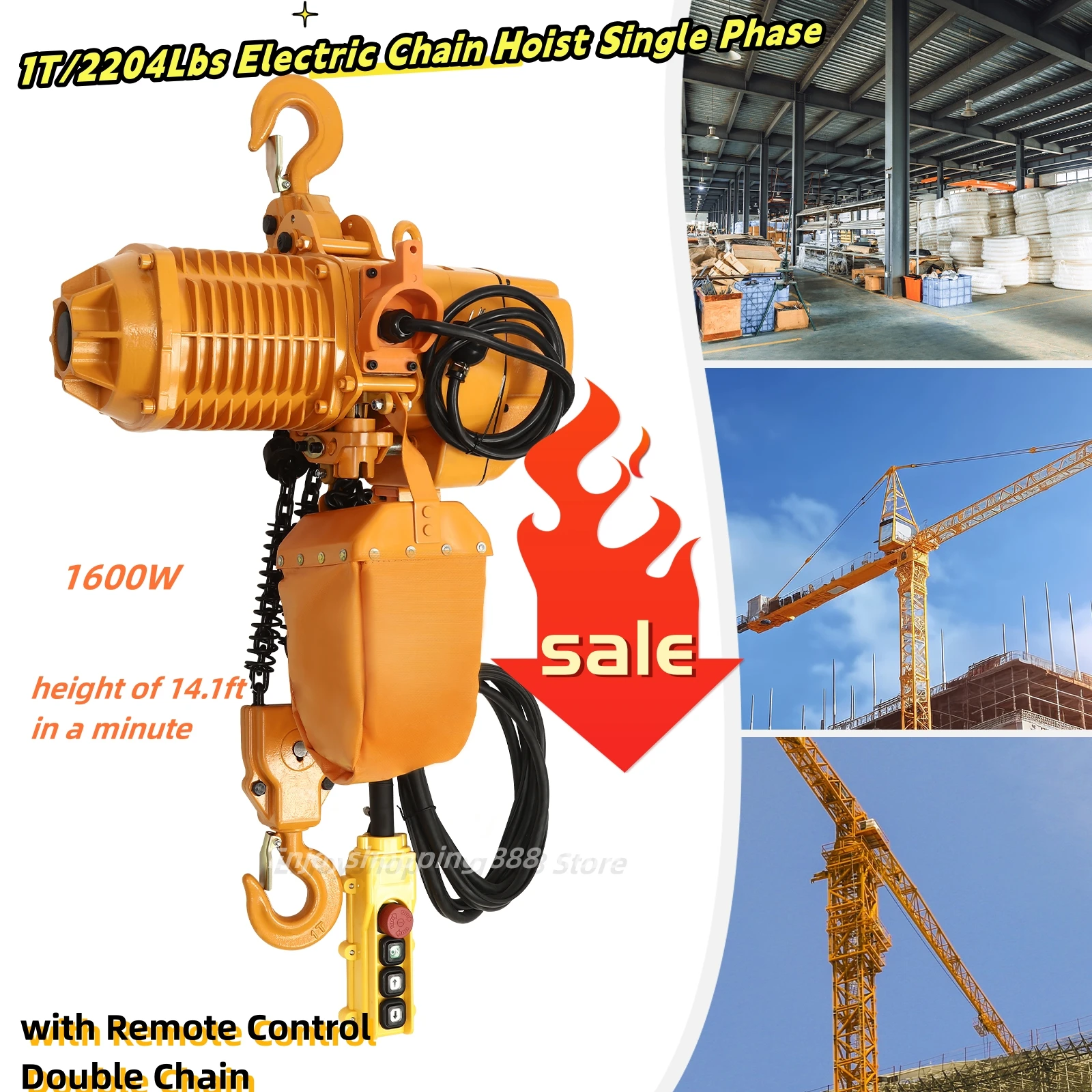 1T-2204Lbs-Electric-Chain-Hoist-Single-Phase-10ft-Lift-Height-with ...