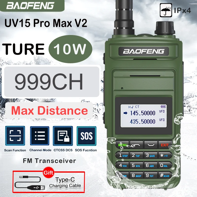 Baofeng UV15 Pro Max 10W Walkie Talkie Long Range 999 Channels UHF VHF Dual Band CB Radio Type C ...