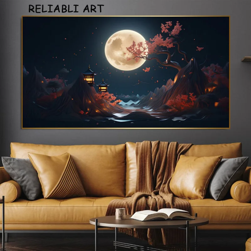 Happy-Full-Moon-Lantern-Tree-landscape-Canvas-Painting-Poster-and ...