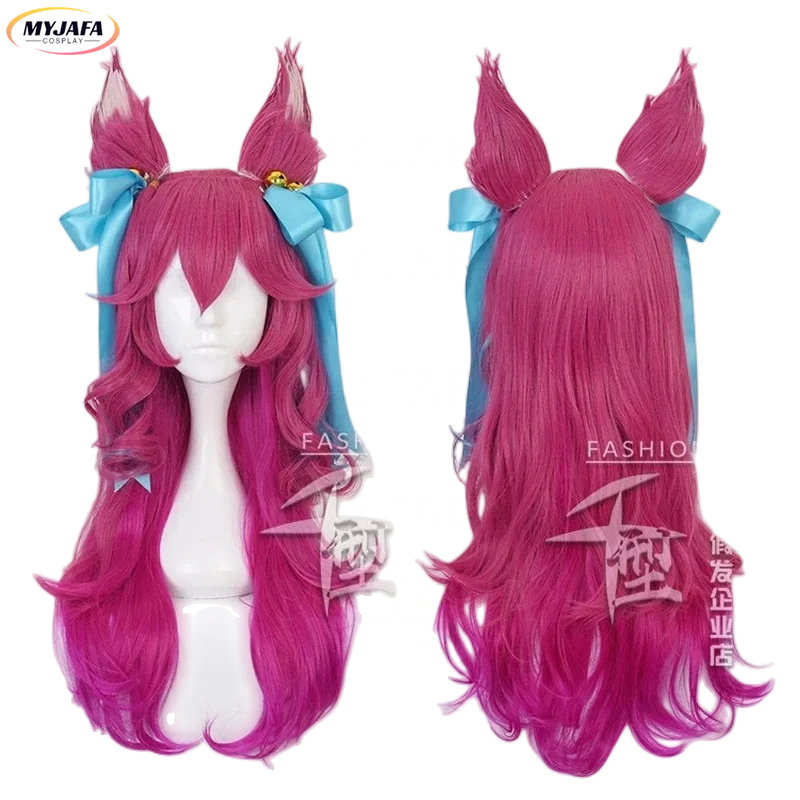 Game LOL Spirit Blossom Ahri Cosplay Wig With Ears Long Curly Wavy Heat ...