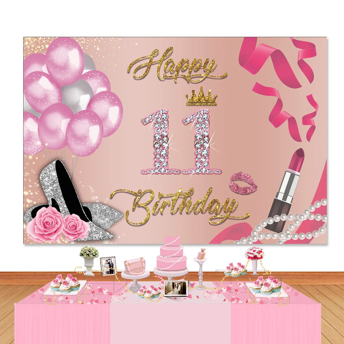 Happy-11th-Birthday-Photography-Backdrop-Banner-for-Pink-Girls-11-Years ...