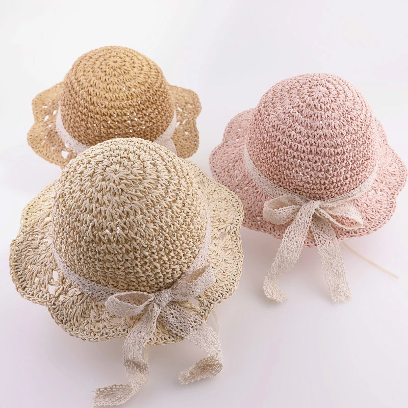 Summer Children's Straw Hats Baby Girls Breathable Lace Cap Bow Beach ...