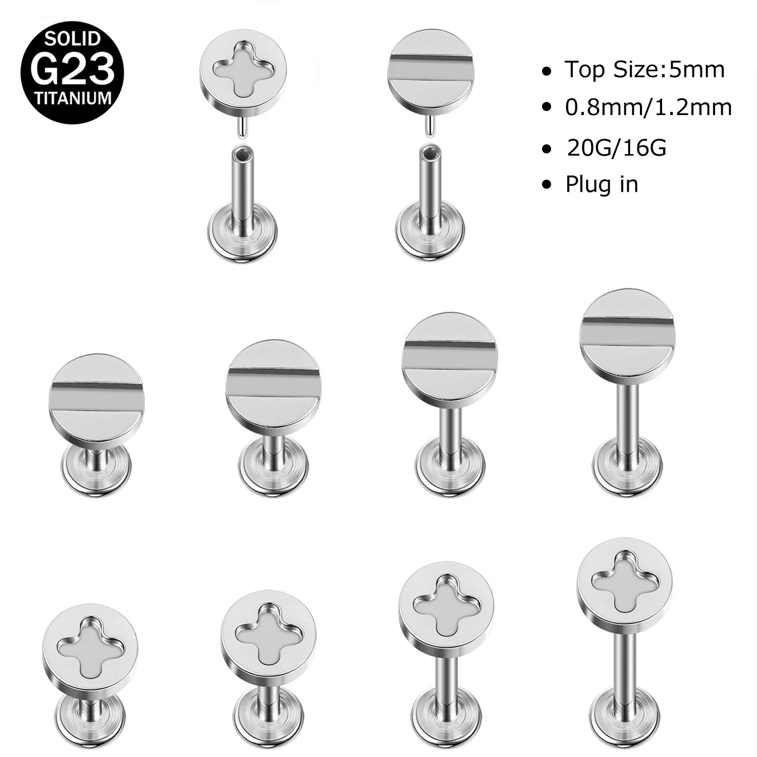 ZS 1PC 16G/20G Silver Color Plug In Labret Lip Ring G23 Titanium Lip ...