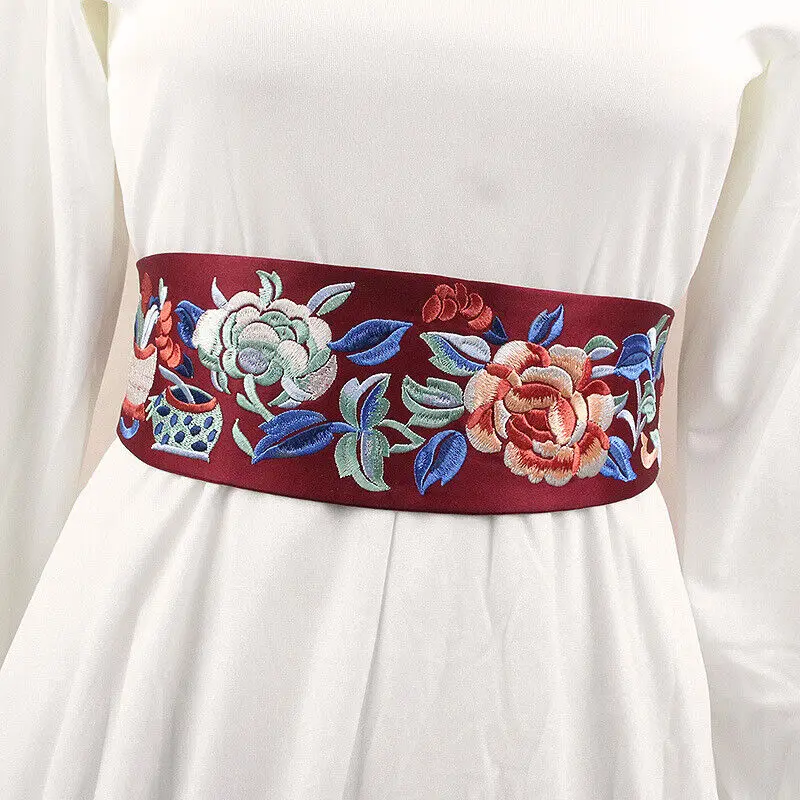 Japanese-Style-Kimono-Waist-Belt-Elastic-Women-Floral-Embroidery-Wide ...