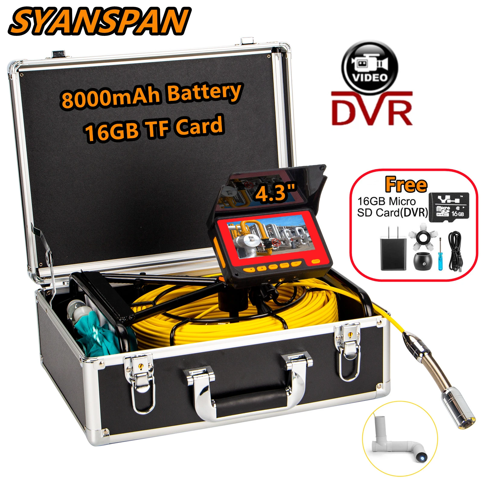 16GB DVR Monitor Piping Endoscope Cameras 4.3in HD,10M 50M SYANSPAN ...