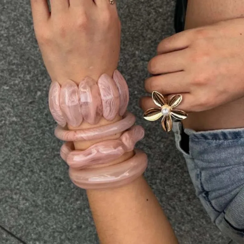 Pink Color Punk Kpop Resin Acrylic Smudging Bangles Round Oval ...