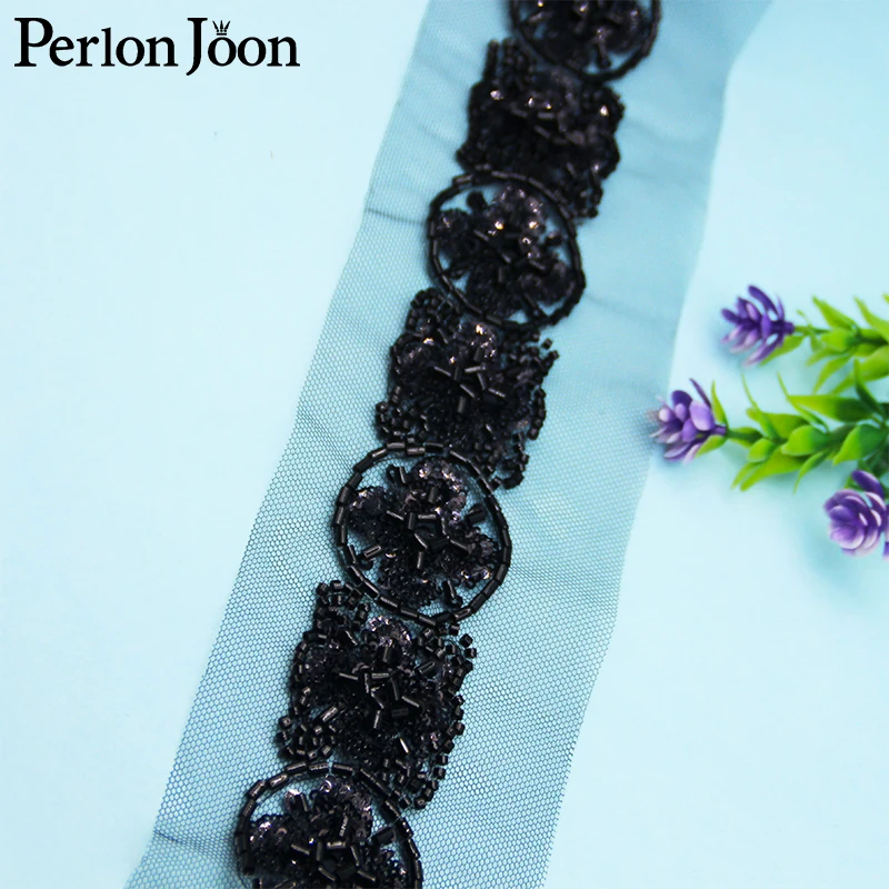 5Yards Retro Sequin Black Glass Beaded Imitation Handmade Mesh Lace ...