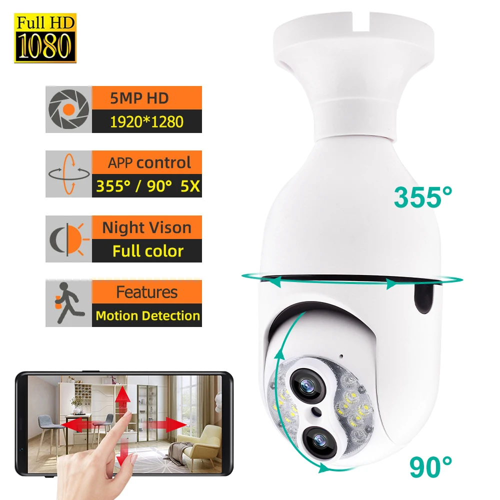 HD 1080P Mini Camera 360° Auto Tracking Panoramic Wifi Camera E27 Light ...