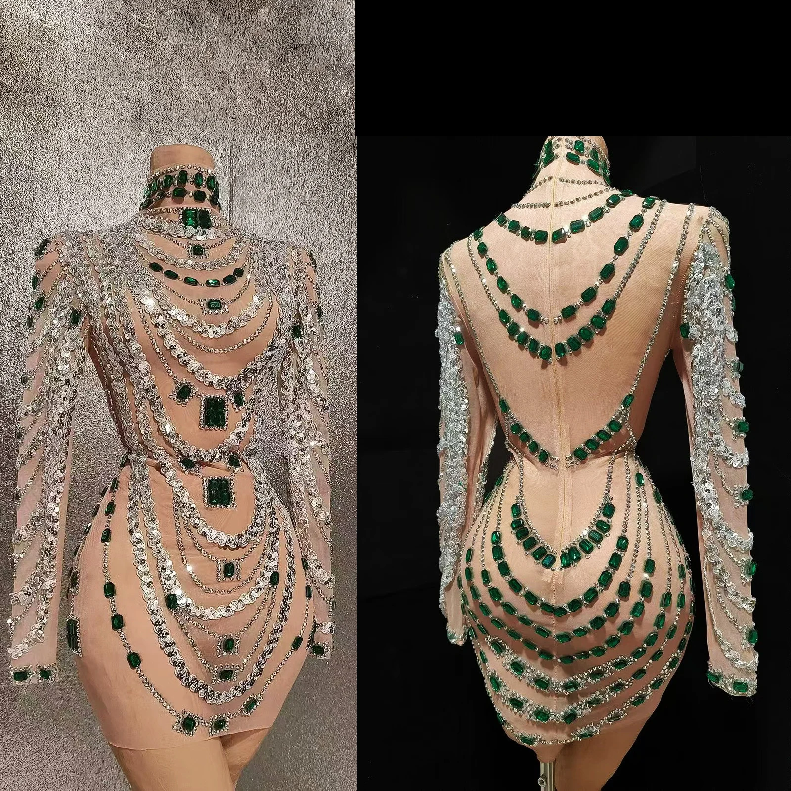Sexy Sheer Turtleneck Dress Crystal Emerald Embellished Long Sleeve ...