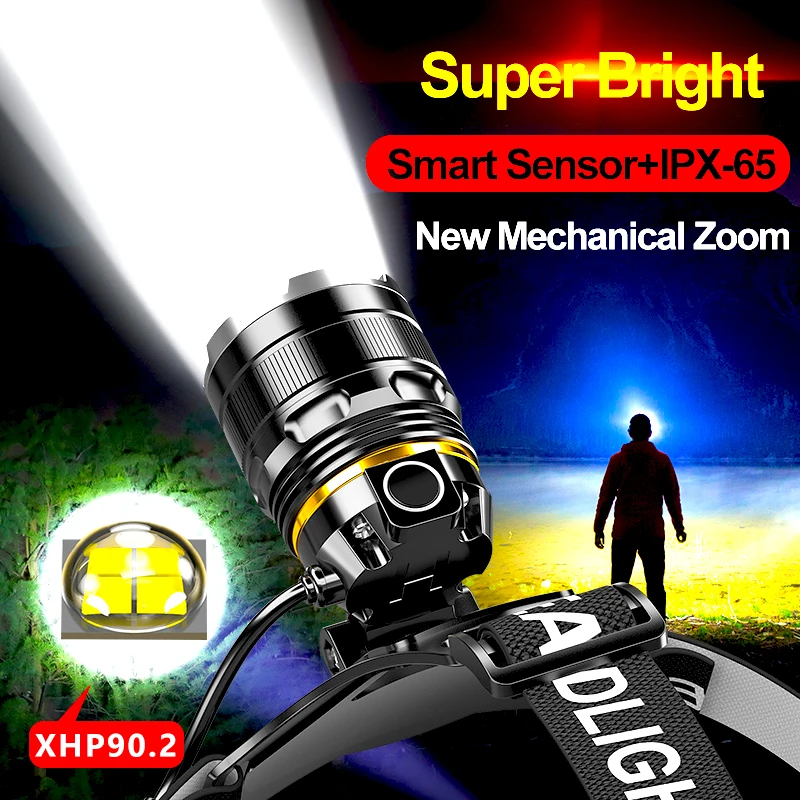 500Meters-LED-Headlamp-Sensor-XHP90-2-Headlight-Use-2-18650-Battery ...