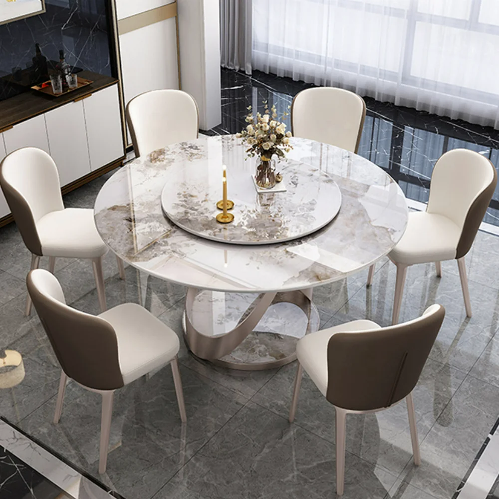 Slate-white-round-dining-table-set-at-6-chair-family-restaurant ...