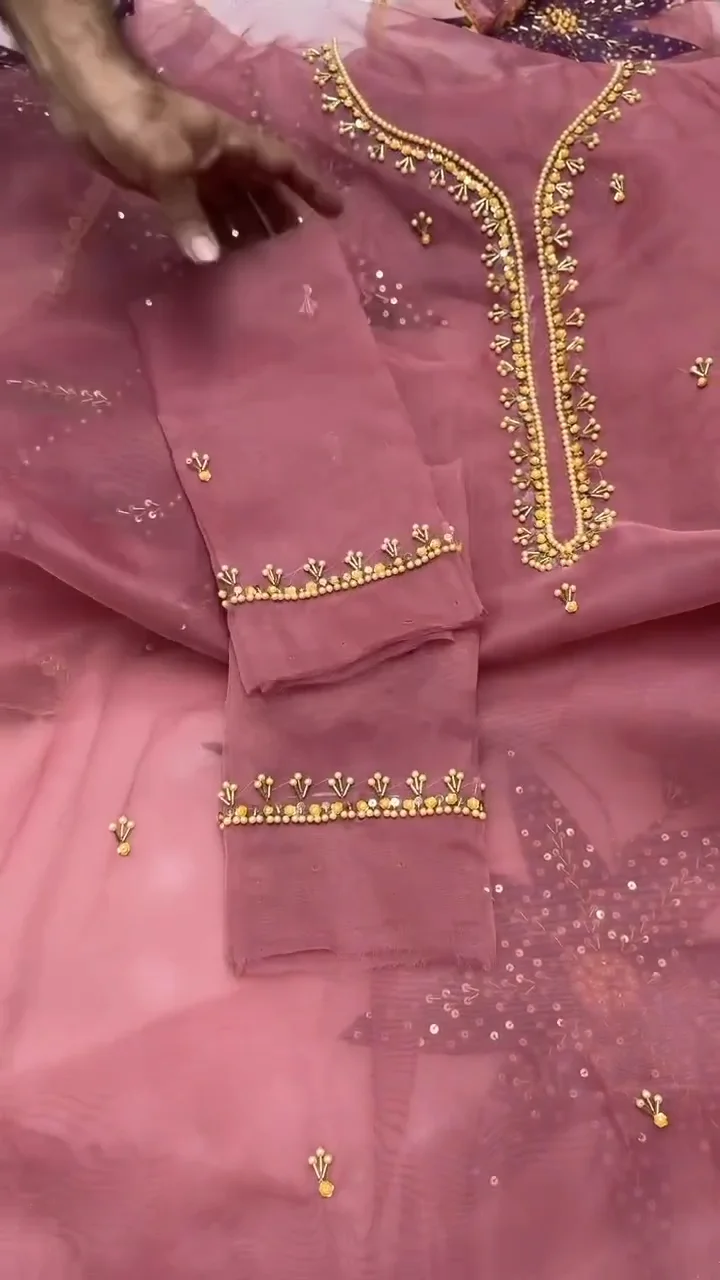 Women’s Party Wear Suit - 2 Piece Dress with Handwork Stone & Beadwork Organza Shirt and Zaari ...