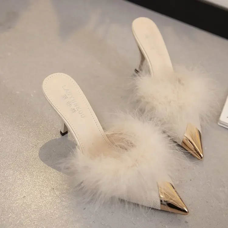 2023-Summer-Women-Pump-Feather-Heels-Fashion-Simple-Wind-Mule-Slippers ...