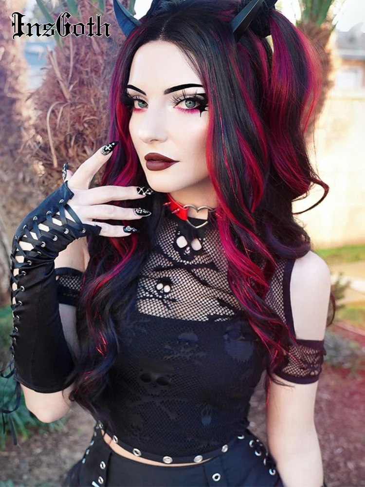 InsGoth Gothic Mesh Black Short T-shirt Women Sexy Hollow Out Punk Emo ...