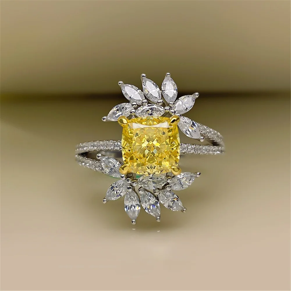 Cute Female Yellow Square Stone Engagement Ring Vintage Silver Color ...