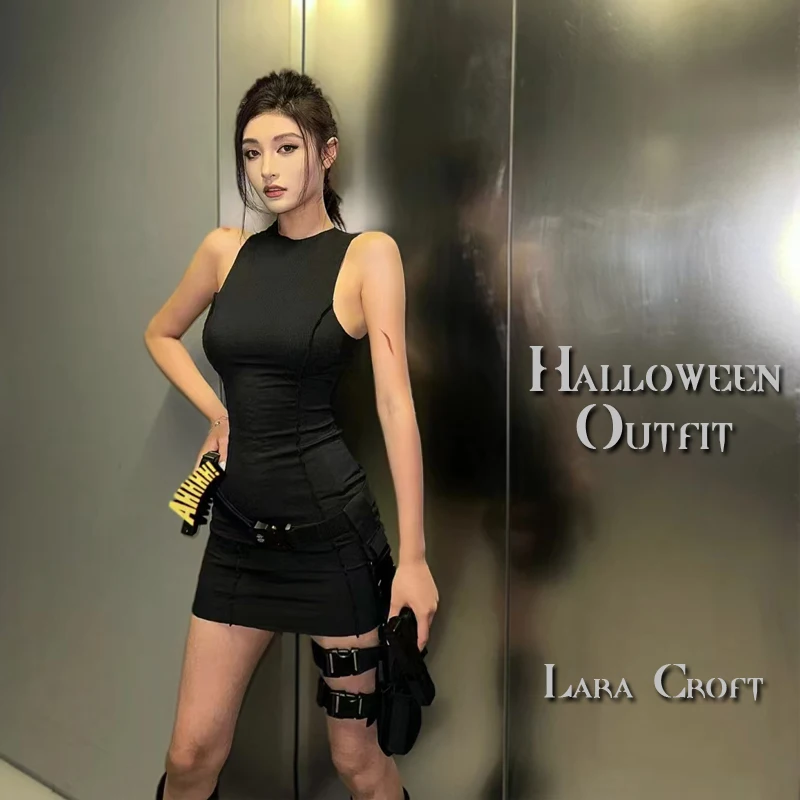 Tomb Lara Croft Cosplay DIY Halloween Outfit For Women Sexy Black ...