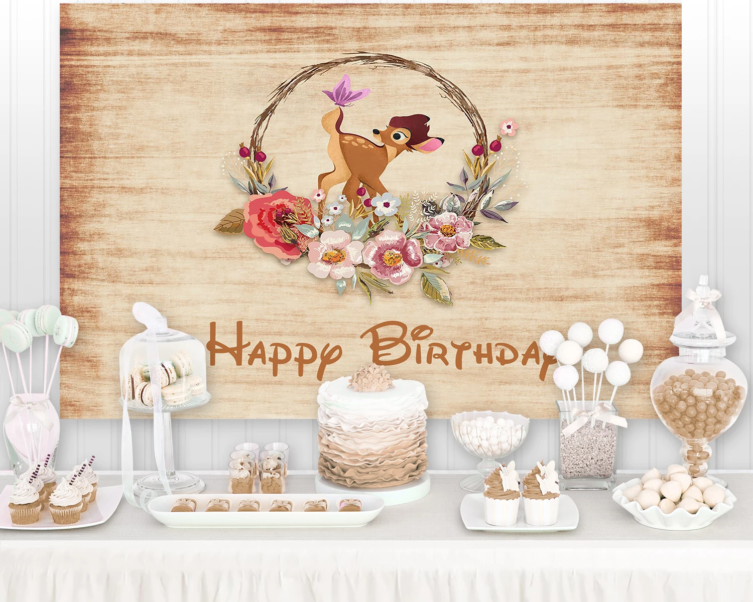 Kids-Birthday-Banner-Flowers-Basket-Bambi-Deer-Wooden-Plank-Wood-Party ...