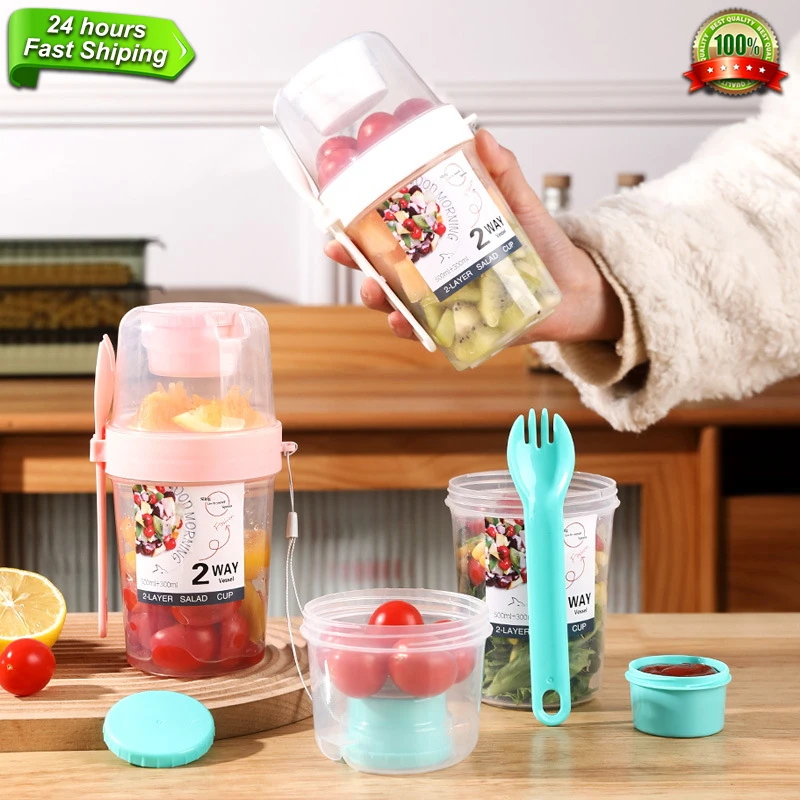 500ML Portable Two Layer Salad Cup Food Storage Box Breakfast Fruit Oat ...