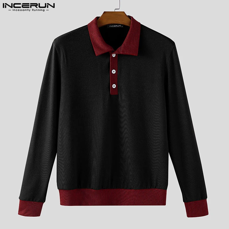 INCERUN Men Shirt Knitted Patchwork Lapel Long Sleeve Spring Autumn Men ...