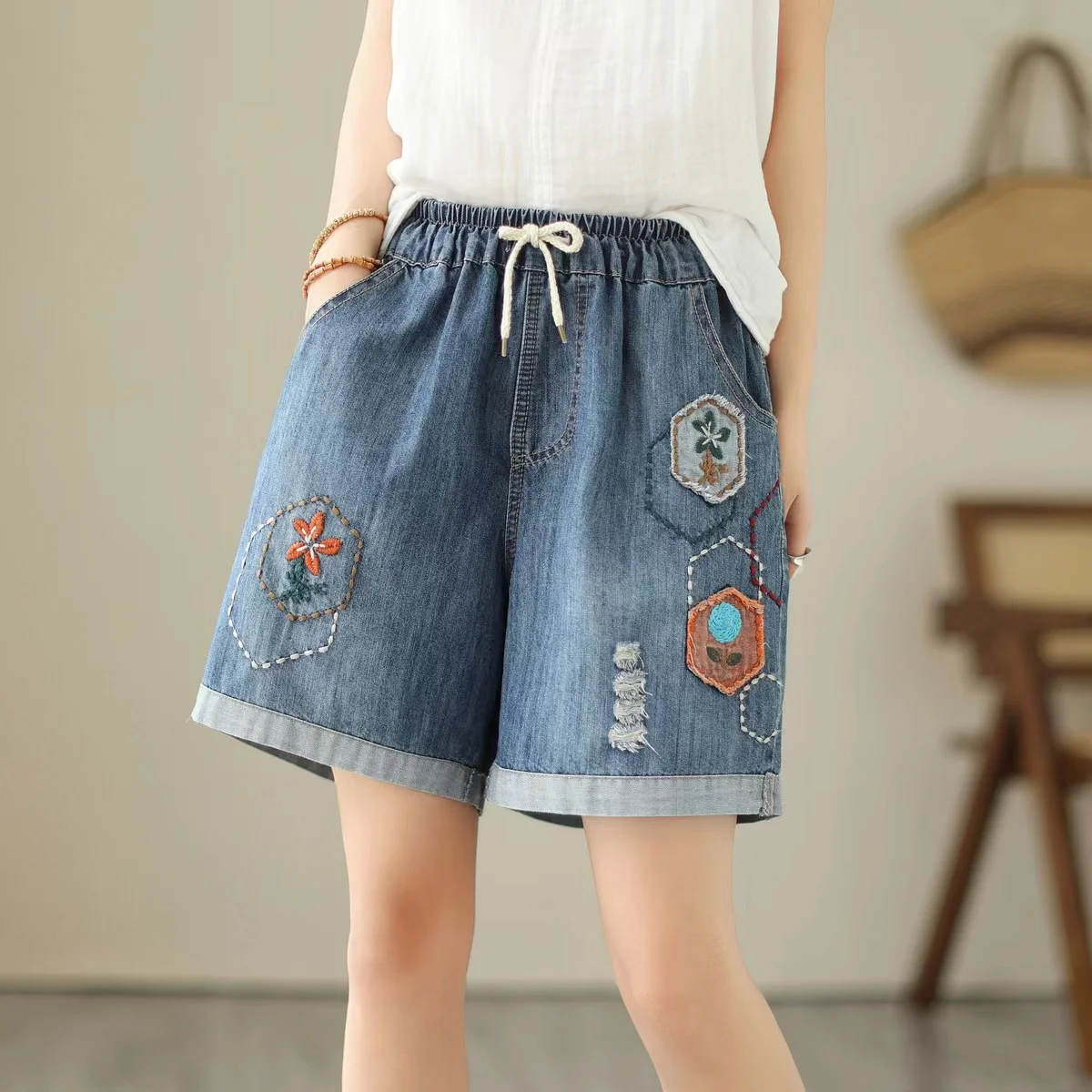 Women's Denim Shorts Mori Girl Ethnic Elastic Waist Flowers Embroidery ...