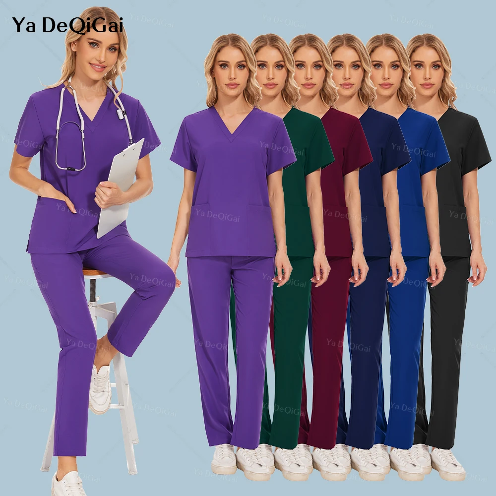 New Straight Pants Scrubs Set Medical Uniforms Stretch Tops With Pocket ...
