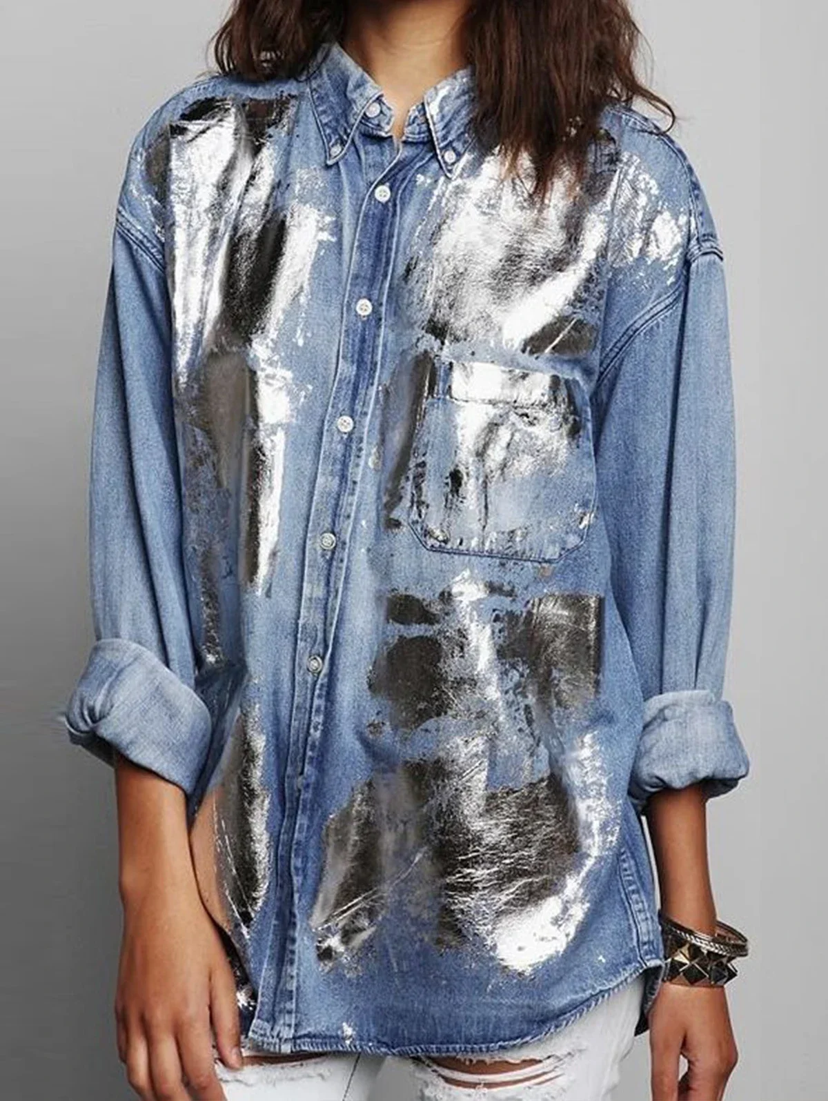 Women-Fashion-Denim-Shirt-Long-Sleeve-Turn-Donw-Collar-Metallic-Coated ...