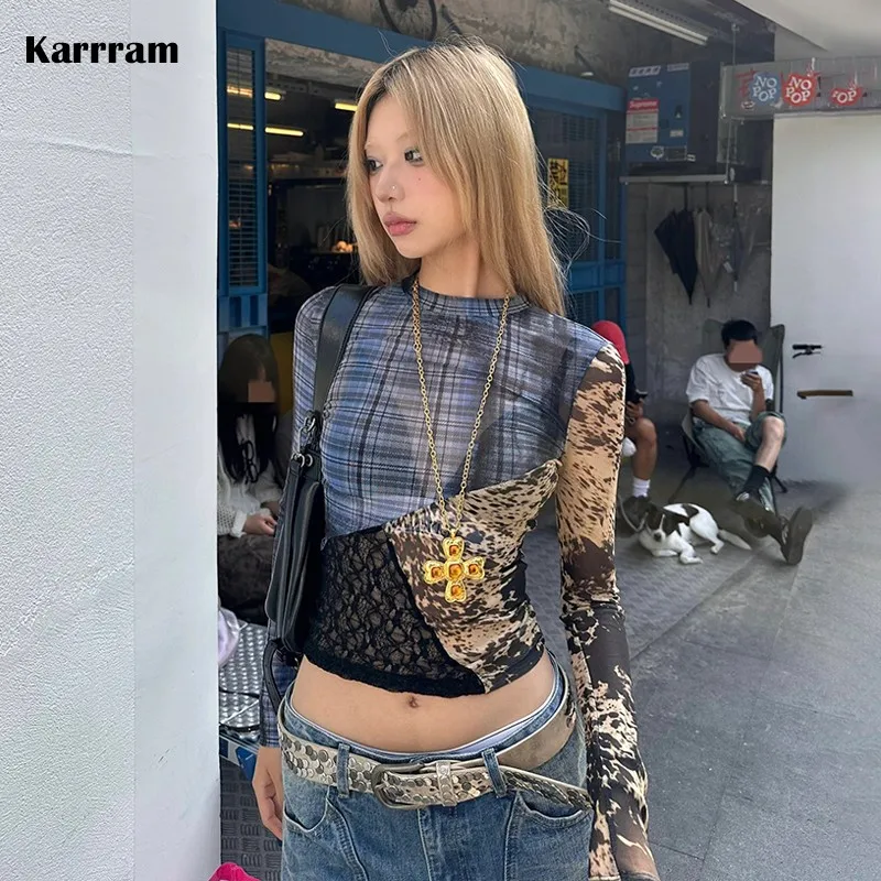 Karrram Japanese Y2k Patchwork Mesh Tops Trashy 2000s Lace Sheer Top ...