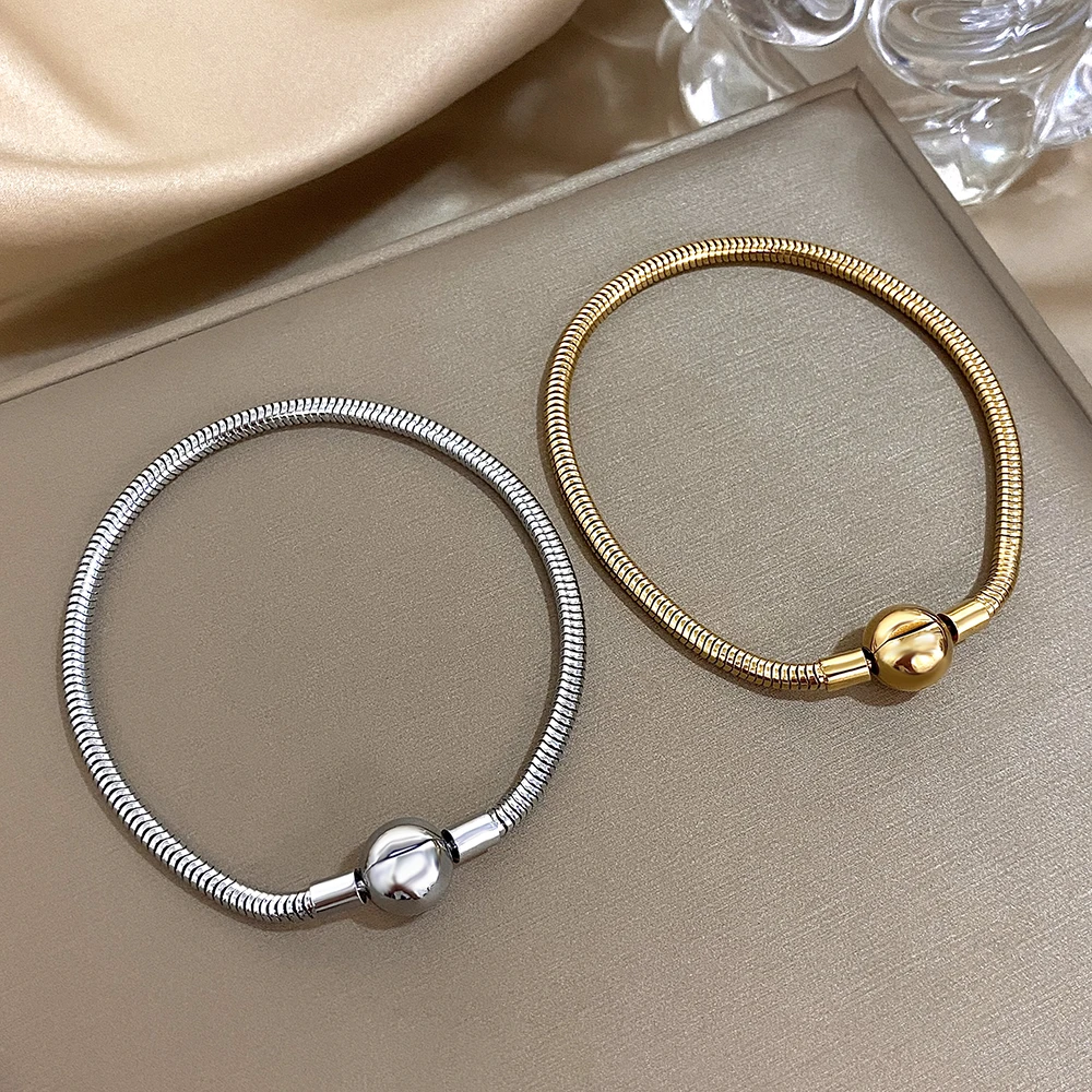 Classic Stainless Steel Snake Bone Chain Ball Bangle for Women Men Cuff ...