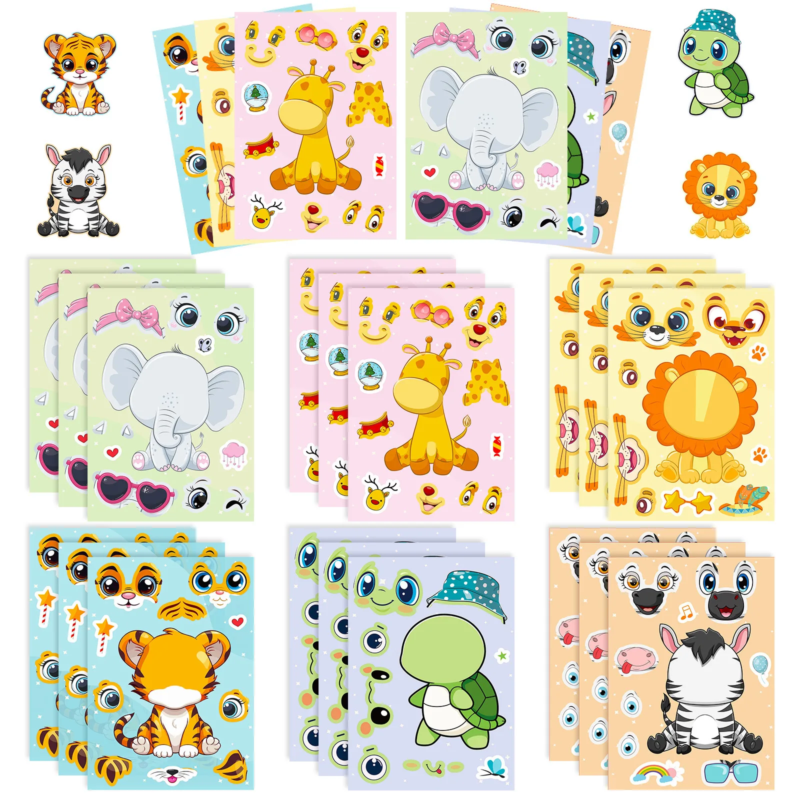 6Sheets-Cute-Children-DIY-Puzzle-Sticker-Games-6-Animals-Make-A-Face ...