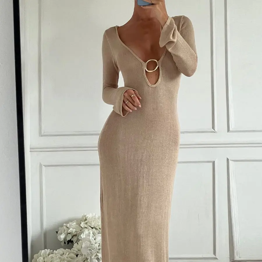 Sexy-Deep-V-Neck-Knit-Dress-Women-Fashion-Loose-Long-Sleeve-Backless ...