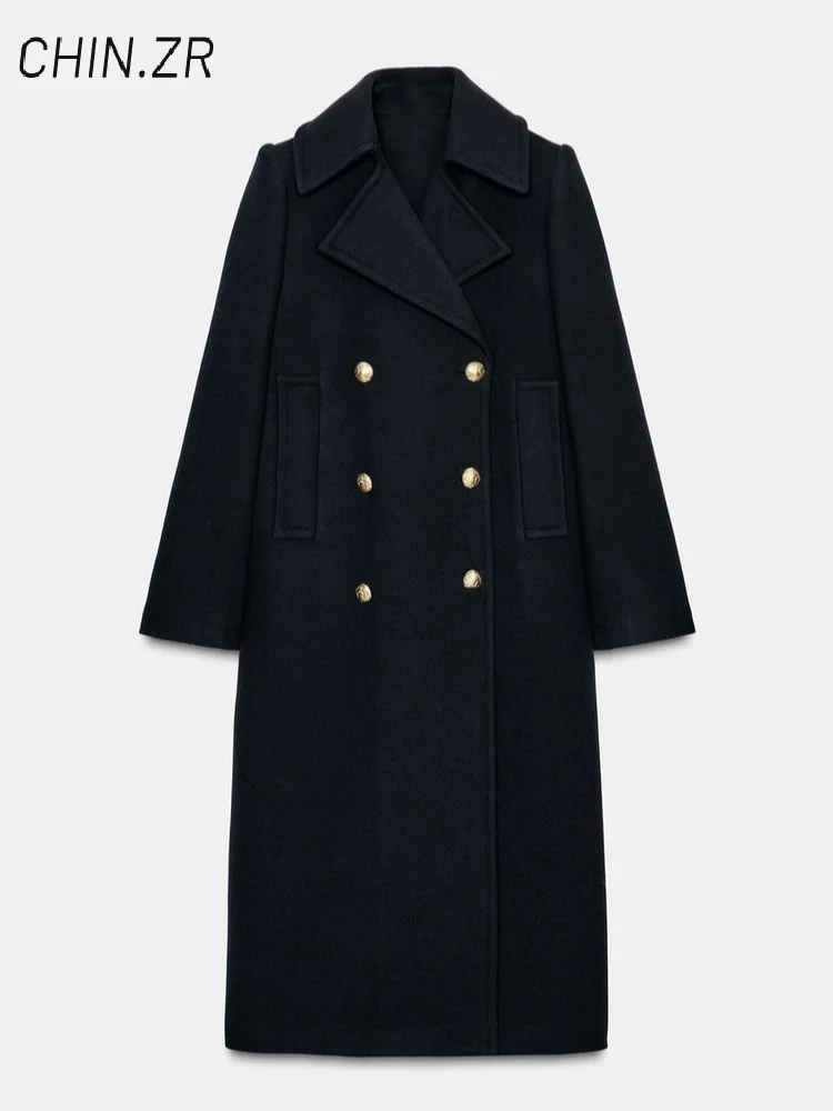 Elegant Long Blue Woolen Coats Women 2025 Winter Loose Lapel Double ...