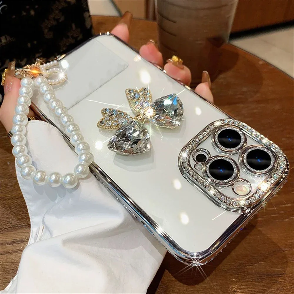 Luxury-Plating-Border-3D-Diamond-Bow-Pearl-Chain-Case-For-iPhone-15-14 ...