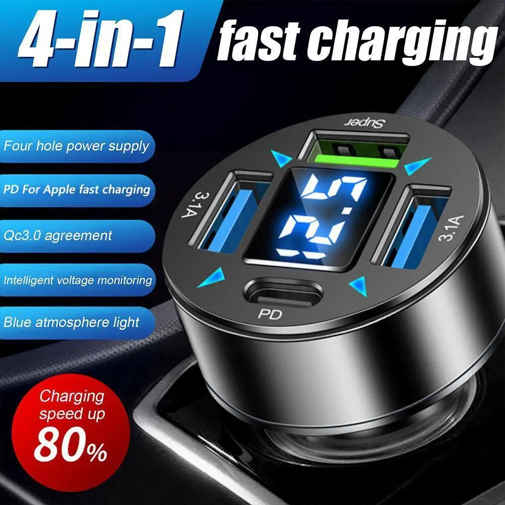 4-Port-USB-Adapter-Blue-Light-Fast-Car-Charger-QC-3-0-PD-Quick-Charge ...