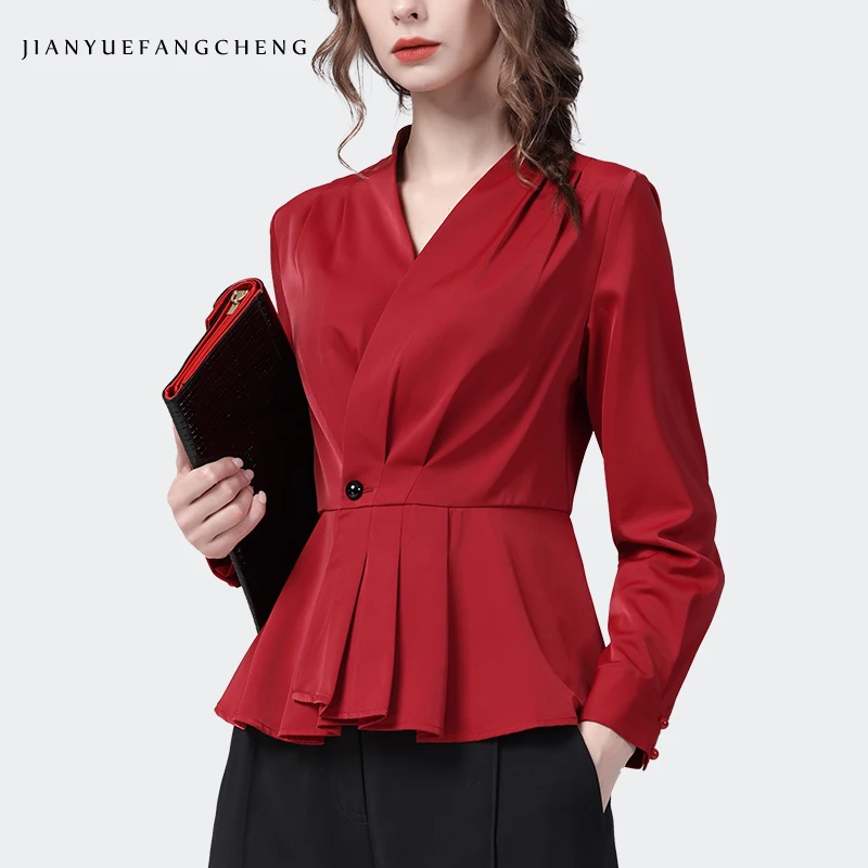 Office-Ladies-Red-Satin-Shirt-Long-Sleeve-V-Neck-Elegant-Skinny-Cinch ...