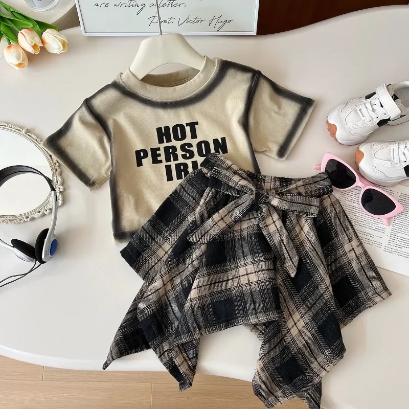 Girls-Suits-Summer-Short-Sleeve-Letter-T-shirt-Plaid-Skirt-Korean ...
