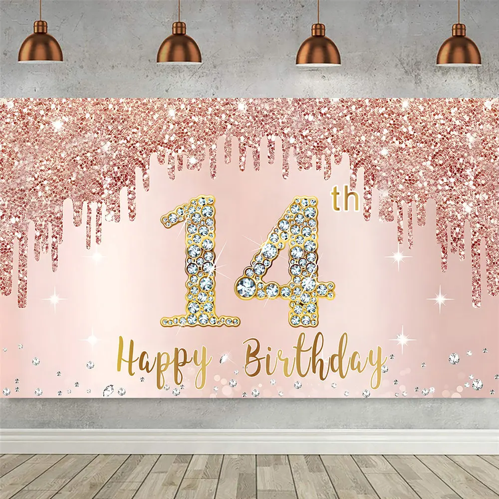 Happy-14th-Birthday-Backdrop-for-Girls-Pink-Rose-Gold-Glitter-Photo-14 ...