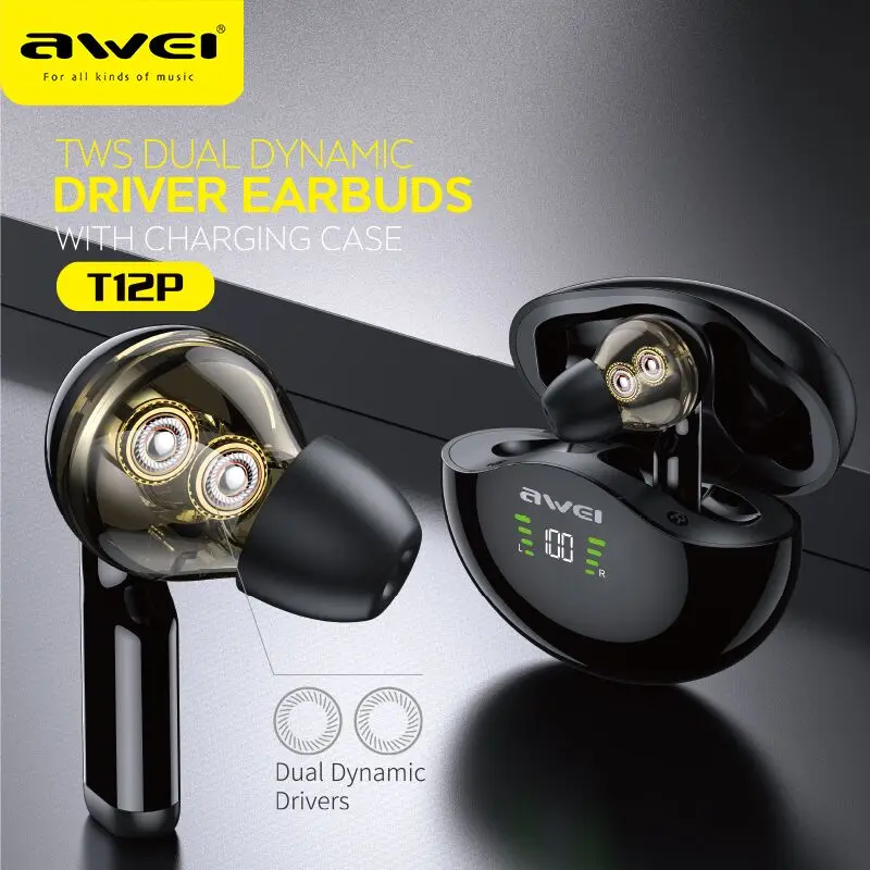 Awei-T12-TWS-Wireless-Bluetooth-Earphones-Dual-Dynamic-Driver-Earbuds ...