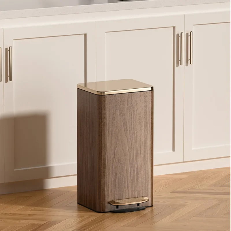Stainless-Steel-Foot-Trash-Bin-Wood-Grain-Light-Luxury-Garbage-Tin ...
