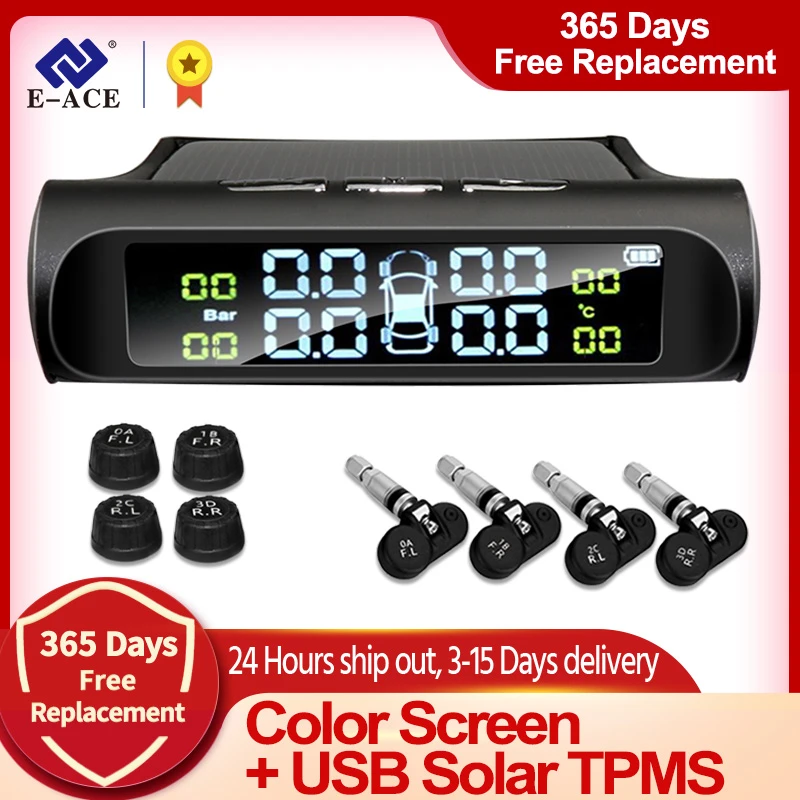E-ACE Solar TPMS Car Tire Monitor Tire Pressure Sensor Auto Security Alarm Systems Digital ...